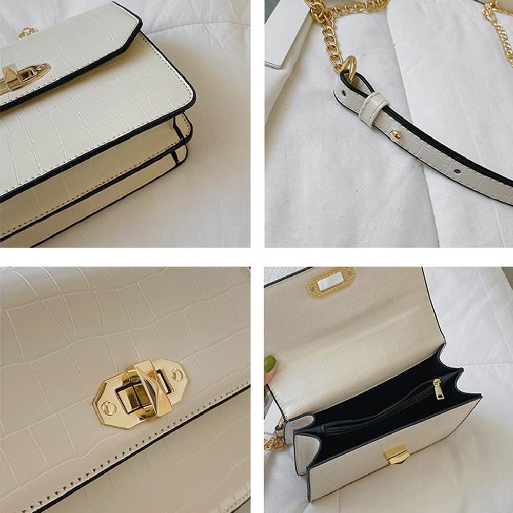 JENLING Small Chain Purse for Women Shoulder Bag Crossbody Mini Handbag Crocodile Pattern Purses with Gold Chain (Beige)