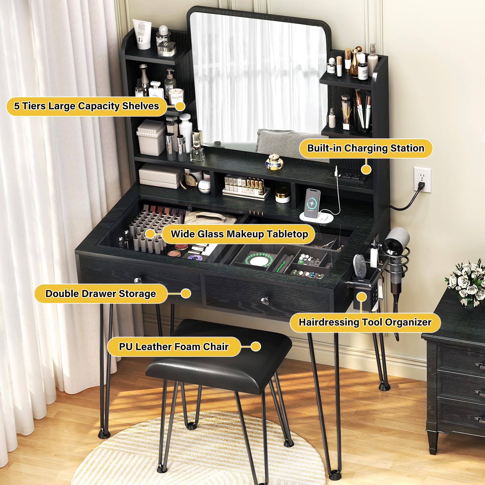 TC-HOMENY Makeup Desk Glass Top, Vanity Desk Dressing Table with Hair Tool Holder and Charging Station, 2 Drawers & Open Shelves Dresser Desk and Cushioned Stool Set