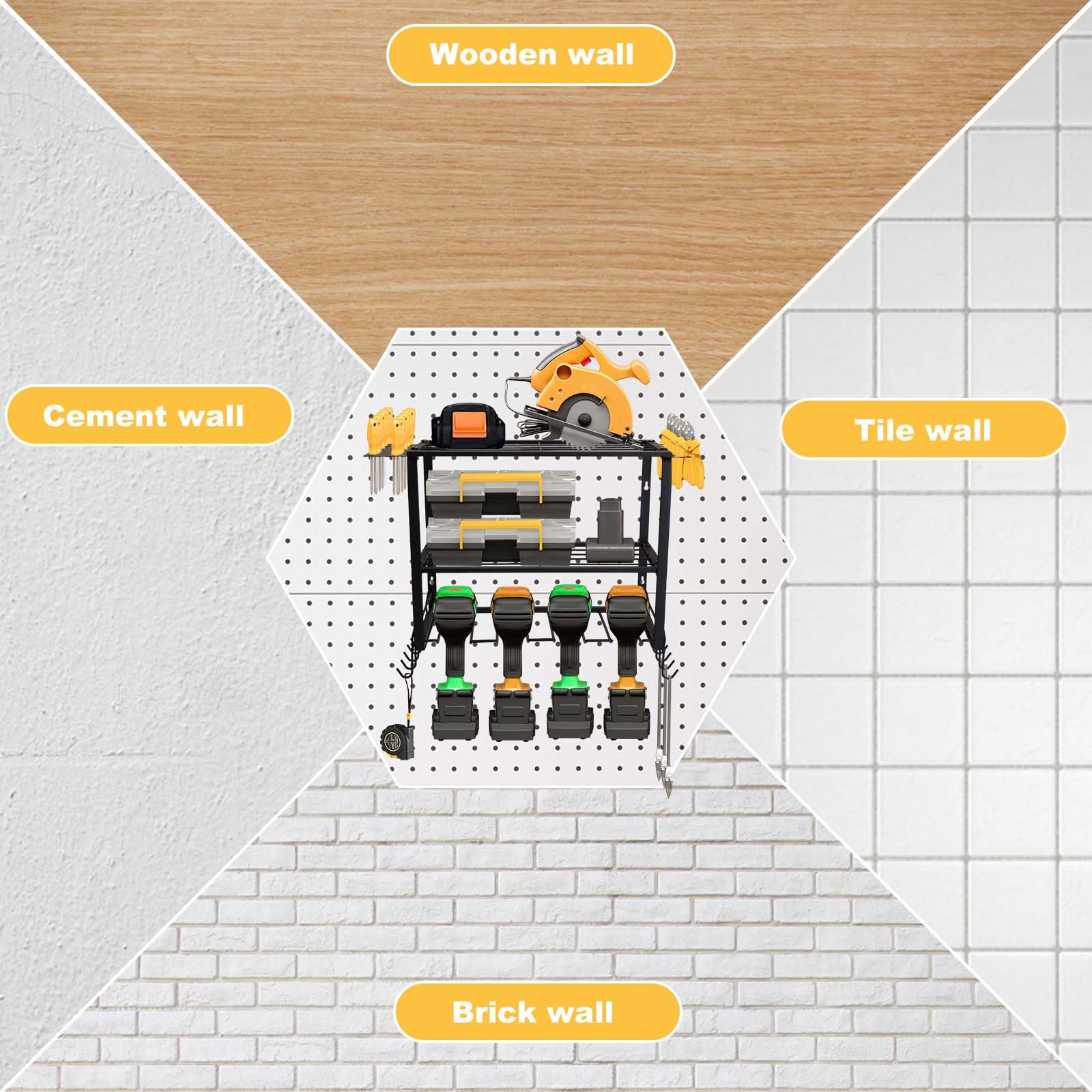 ShineMe Garage Tool Organizer Wall Mount, Heavy Duty Power Tool Organizer with 4 Drill Holders, 3 Layer Multifunctional Metal Storage Rack for Workshop, Garage, Tool Room
