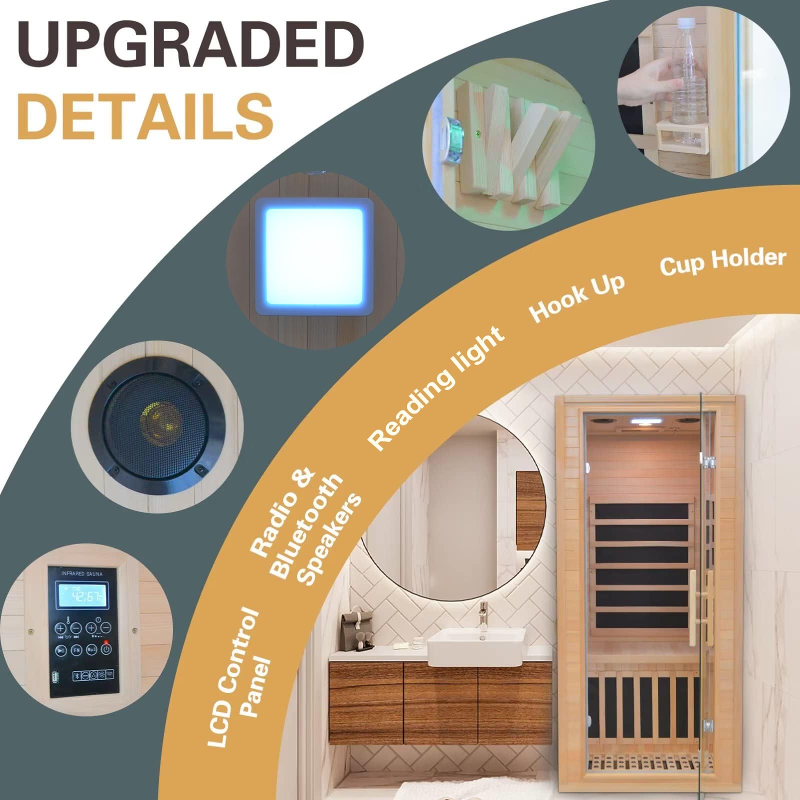 Infrared Home Sauna Room 1-2 Person Hemlock Wooden Indoor Sauna Spa,1200W/110V Low EMF Heaters,10 Minutes Pre-Warm up,Time and Temp Pre-Set, New Year Gifts