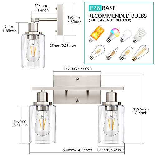ShineTech 2-Light Bathroom Vanity Light Fixtures, Modern Vanity Lights with Clear Glass Shade, Brushed Nickel Bathroom Wall Light, Wall Sconce Wall Lamp for Mirror Kitchen Living Room Bedroom Hallway