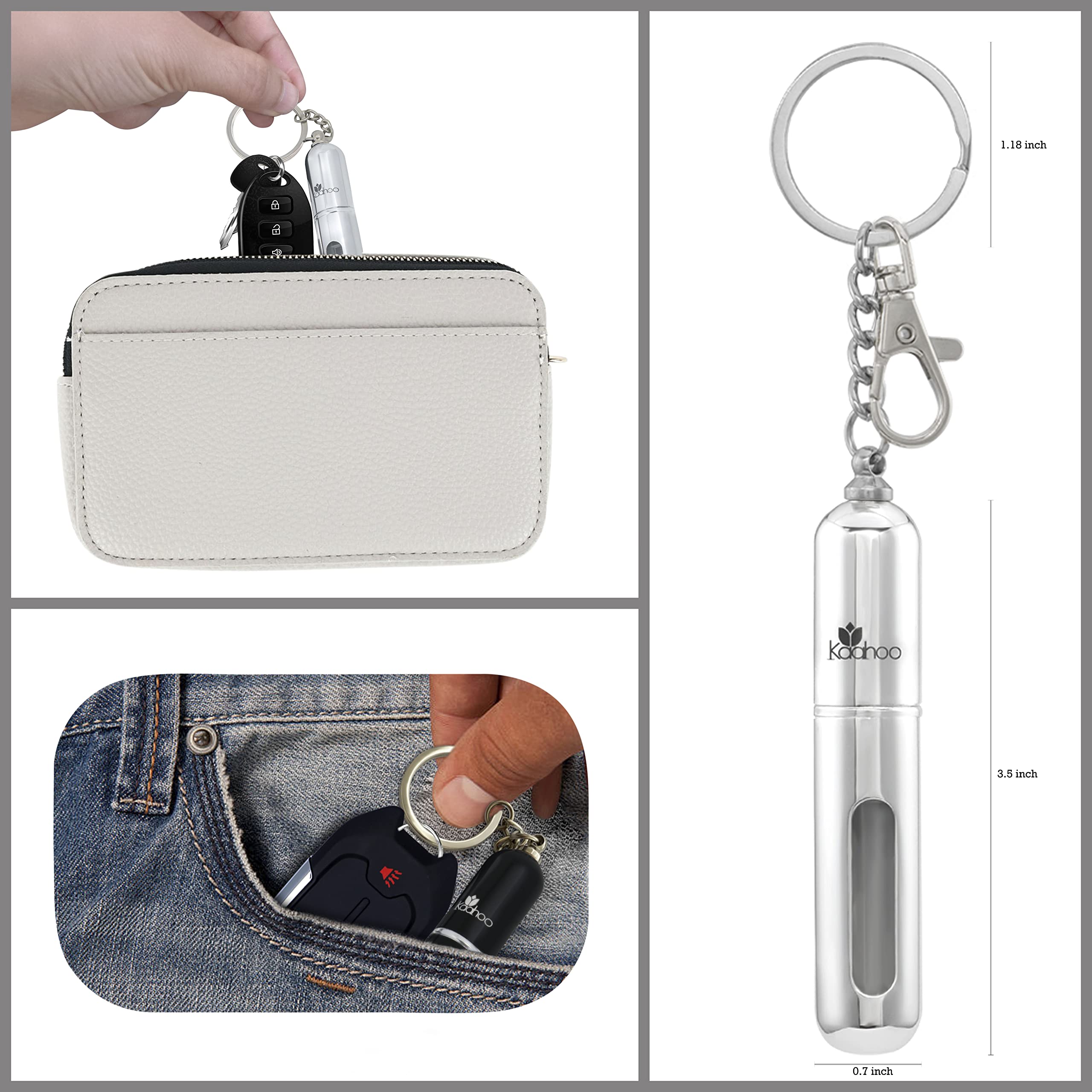 kaahoo On The Go Perfume Atomizer Bottle Keychain TSA Approved Mini Portable Refillable Spray Bottle Travel Size Unisex Cute Perfume Keychain |2Pcs, Silver, Black, 5ml|