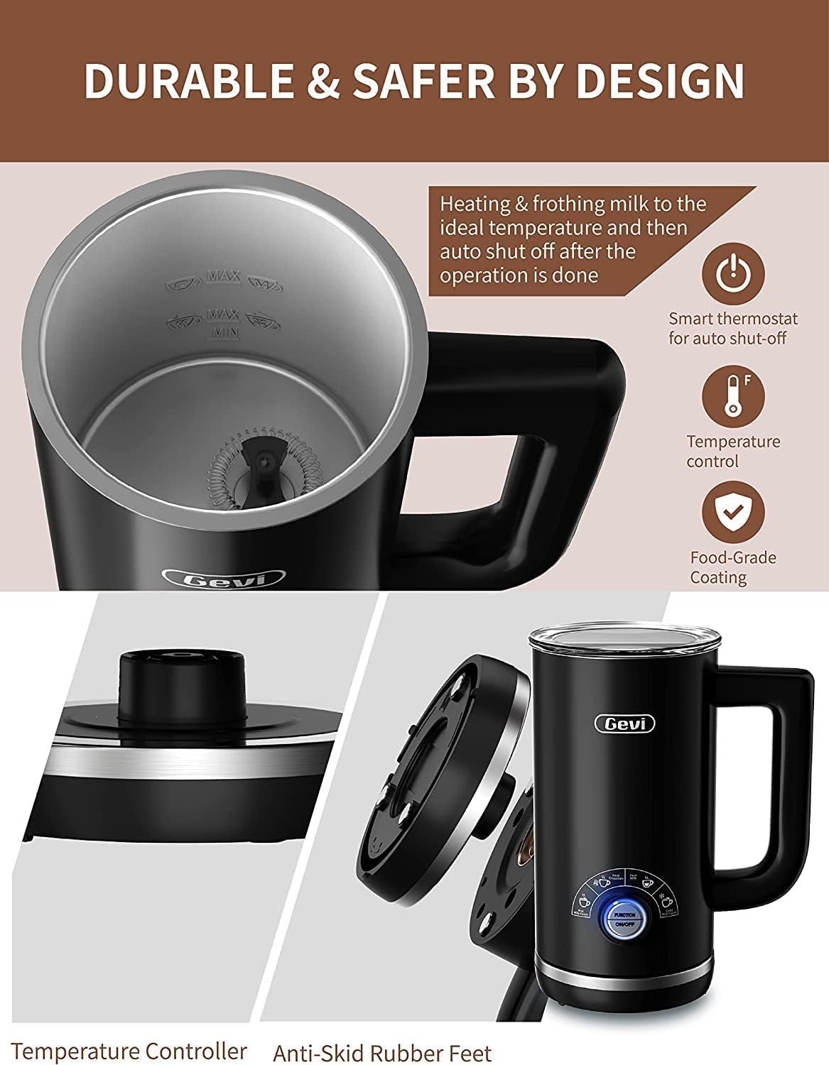 Gevi Milk Frother, 4 in 1 Automatic Electric Milk Steamer, Cold and Hot Milk Foam Maker & Milk, Chocolate Warmer for Cappuccino, Hot Chocolates, Macchiato, Latte, NTC Temperature Control System, Black