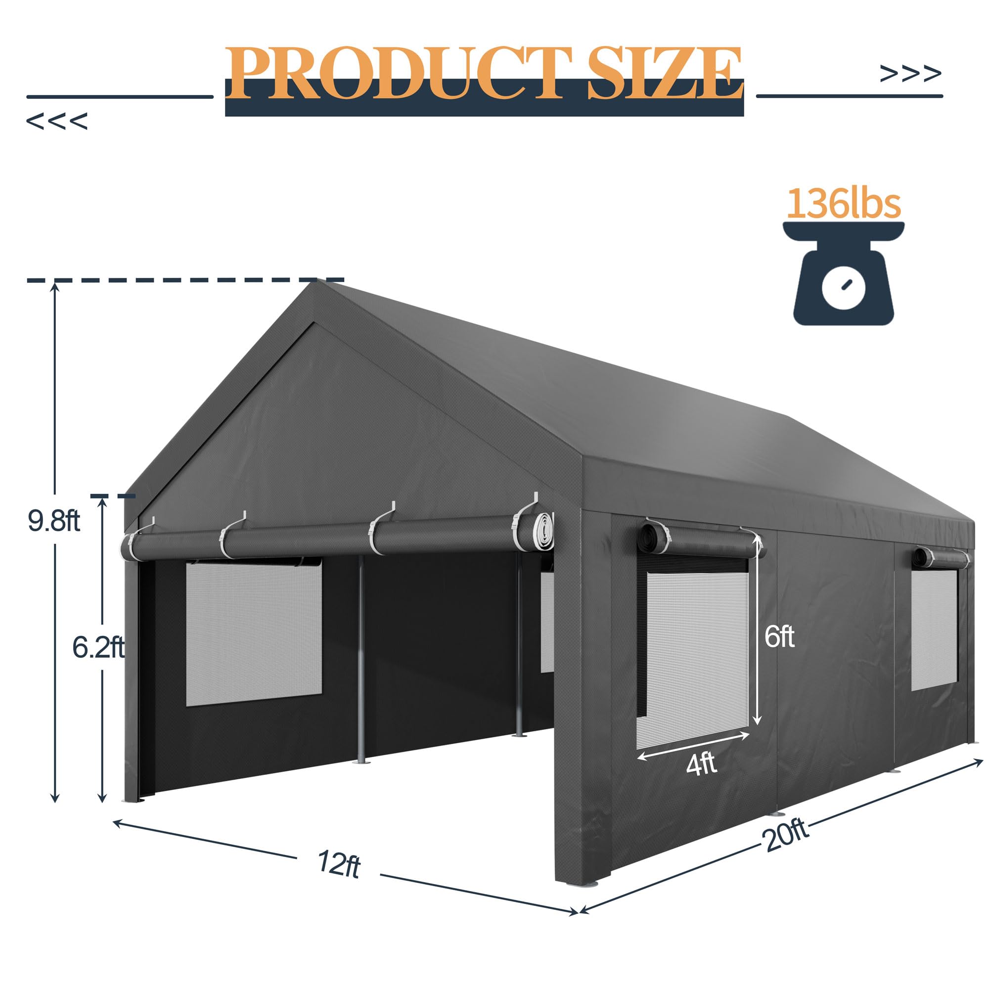 Shintenchi 12x18.5ft Heavy Duty Carport, Portable Garage with Removable Sidewalls, Doors and Ventilated Windows, All-Season Tarp for Car, UV Resistant Waterproof Carport Canopy (Grey)