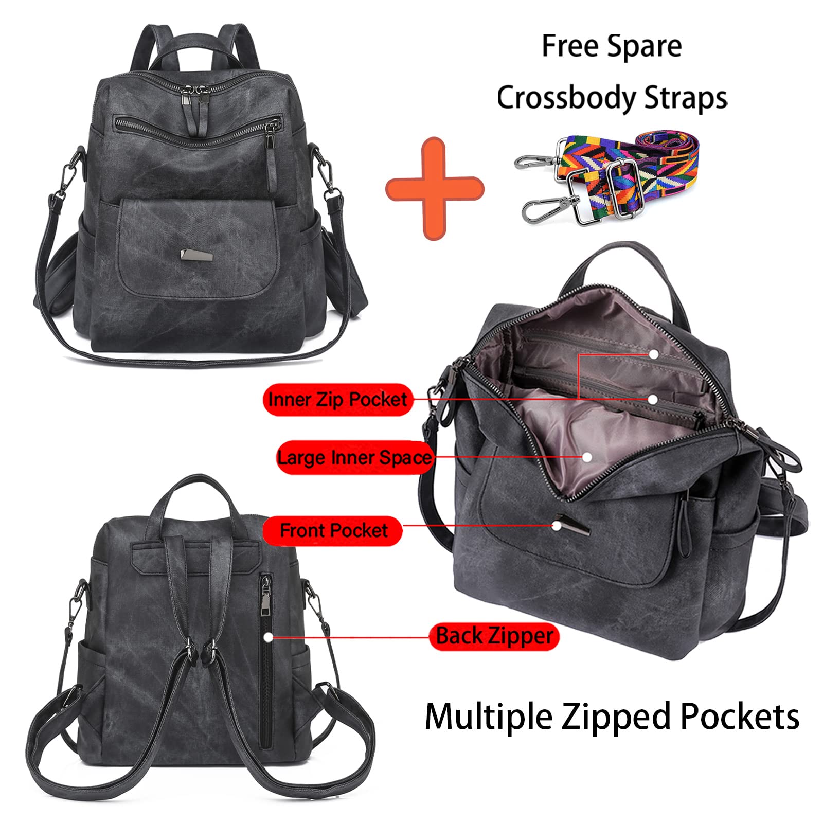 KlaOYer PU Leather Backpack Purse for Women Fashion Multipurpose Design Handbag Ladies Shoulder Bags Travel Backpack (Black)