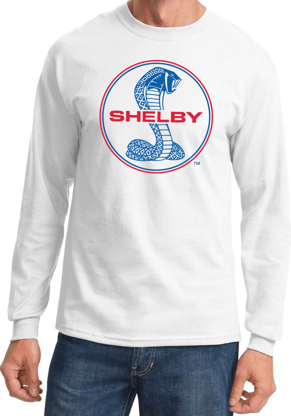 Ford Mustang Shelby Blue and Red Logo Long Sleeve Shirt, White Large