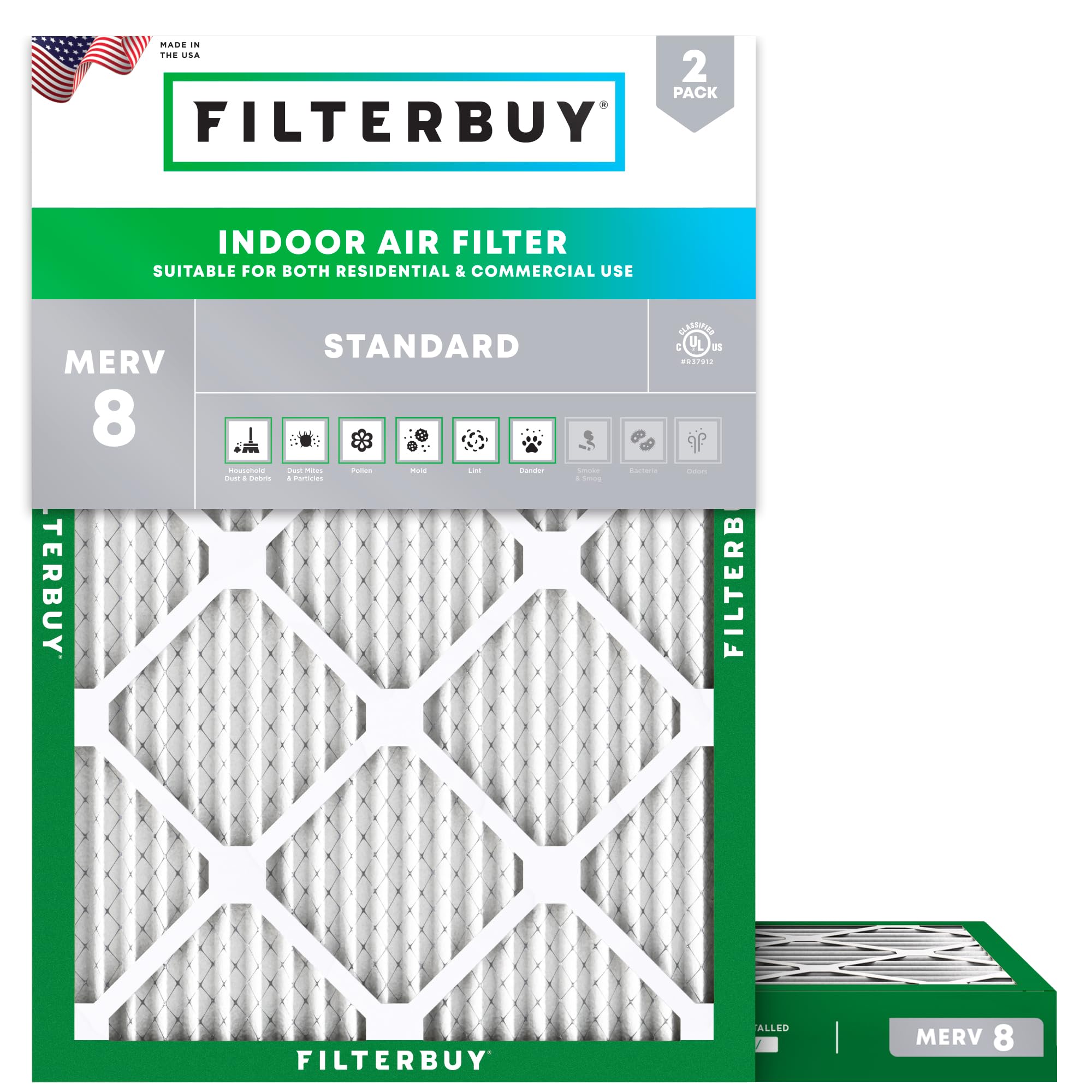 Filterbuy 20x25x2 Air Filter MERV 8 Dust Defense (2-Pack), Pleated HVAC AC Furnace Air Filters Replacement (Actual Size: 19.50 x 24.50 x 1.75 Inches)