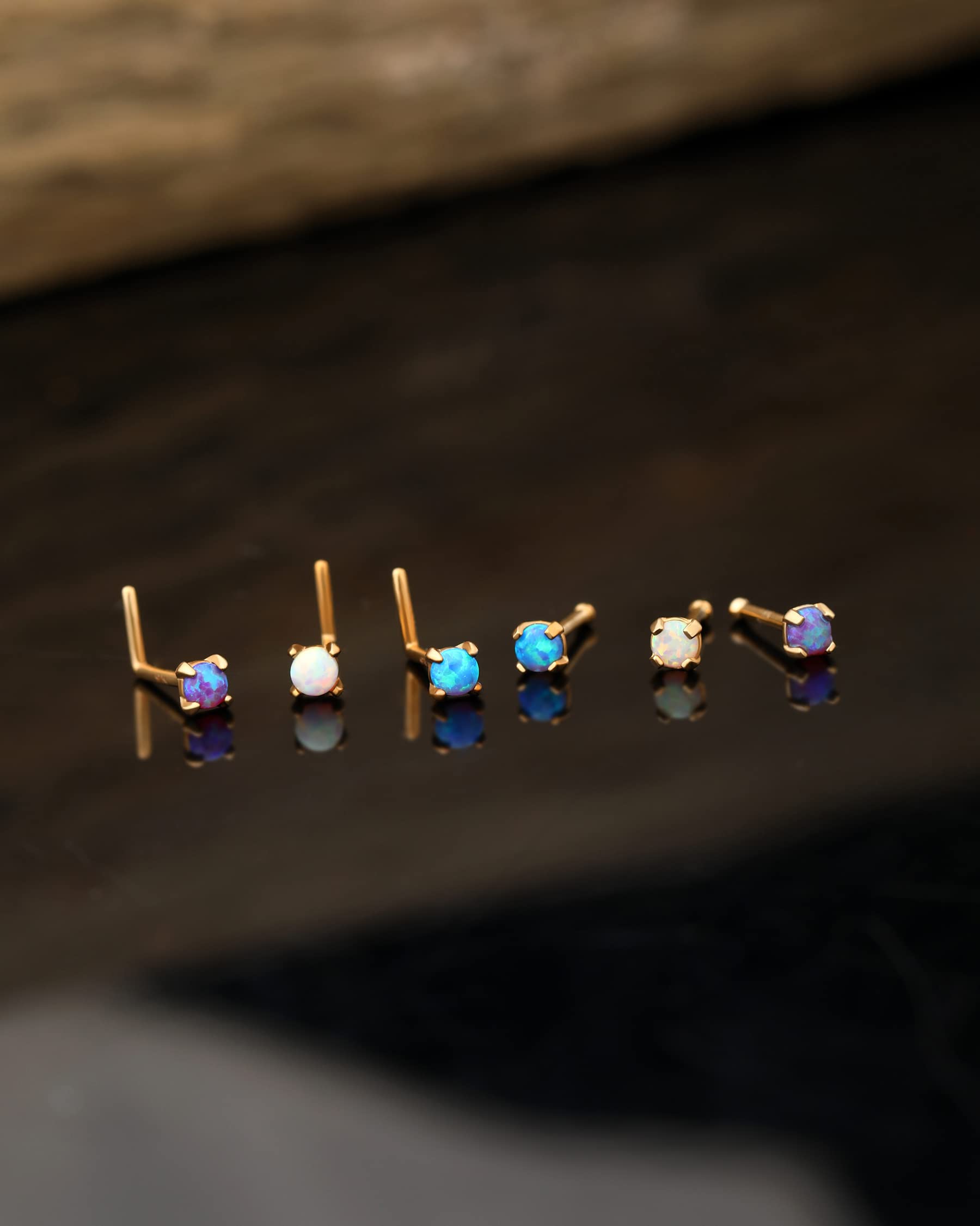Jewseen 14K Solid Gold Opal Nose Studs 20G Nose Rings L-Shaped Studs Nostrial Piercing Jewelry Nose Bone Studs Nose Piercing Jewelry for Women and Men