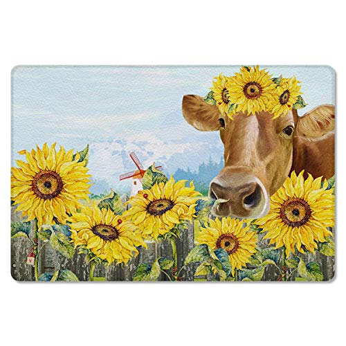 Kitchen Mat, Cow Farm Animal Rustic Sunflower Kitchen Rugs Kitchen Organization, Anti-Fatigue PVC Leather Kitchen Floor Mats Kitchen Runner Rug, Kitchen Decor Standing Desk Mats