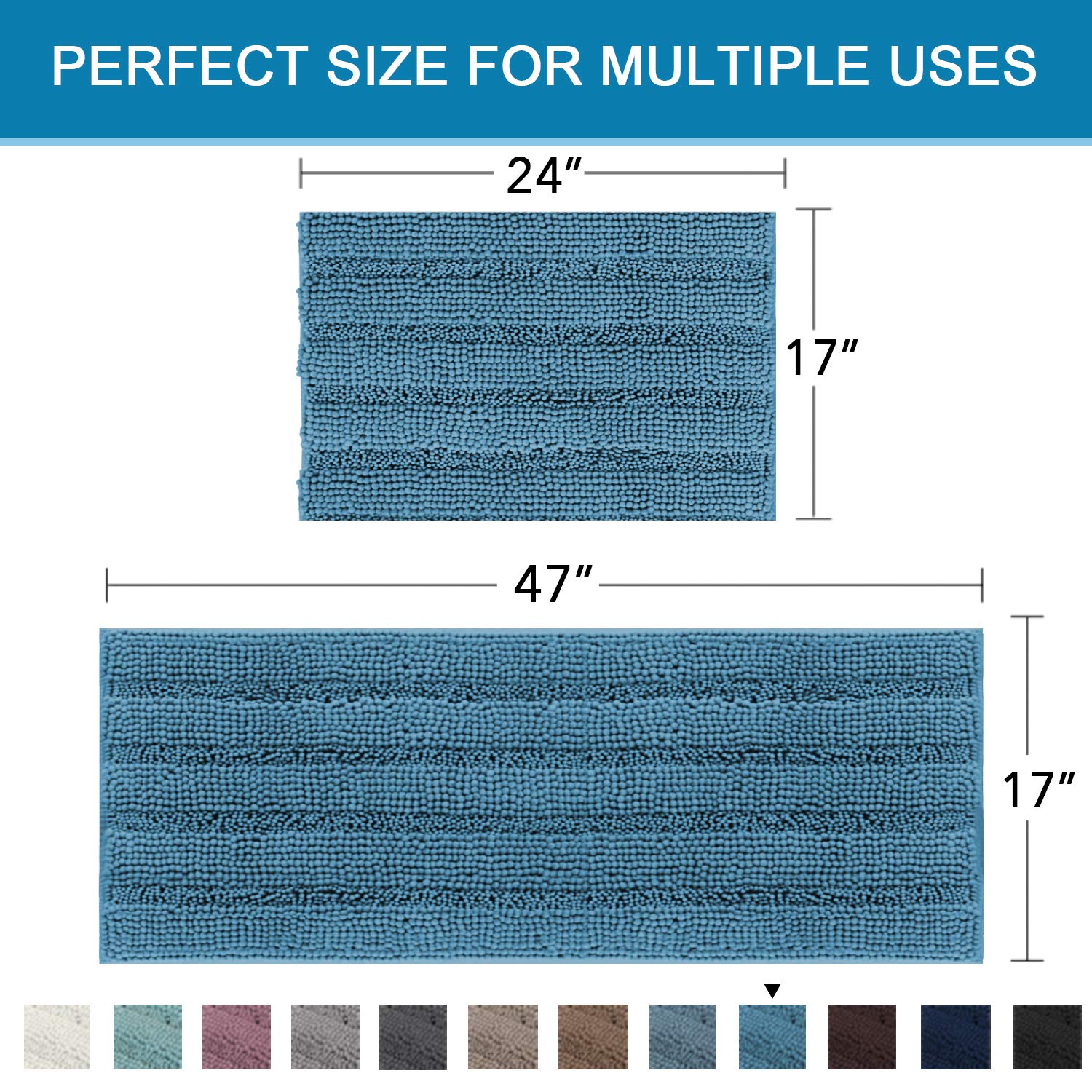 H.VERSAILTEX 2 Piece Bathroom Set Bathroom Rugs Bath Mats Sets Super Absorbent Chenille Striped Bath Mats Non Skid Machine Wash Dry Rugs for Bathroom Floor(Turquoise Blue, 47 x 17 Plus 17 x 24 Inches)