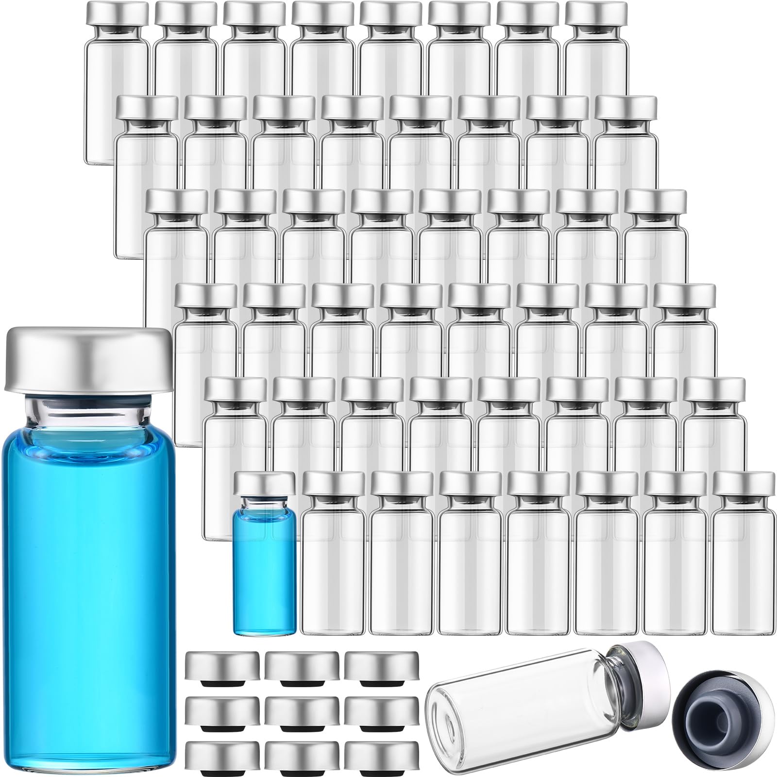 Potchen 100 Pack Sterile Vials For Injections Glass Empty Bottle Bulks Lab Sample Vial With Aluminum Flip Caps And Rubber Stoppers Glass Vials with Injection Port(10 ml)