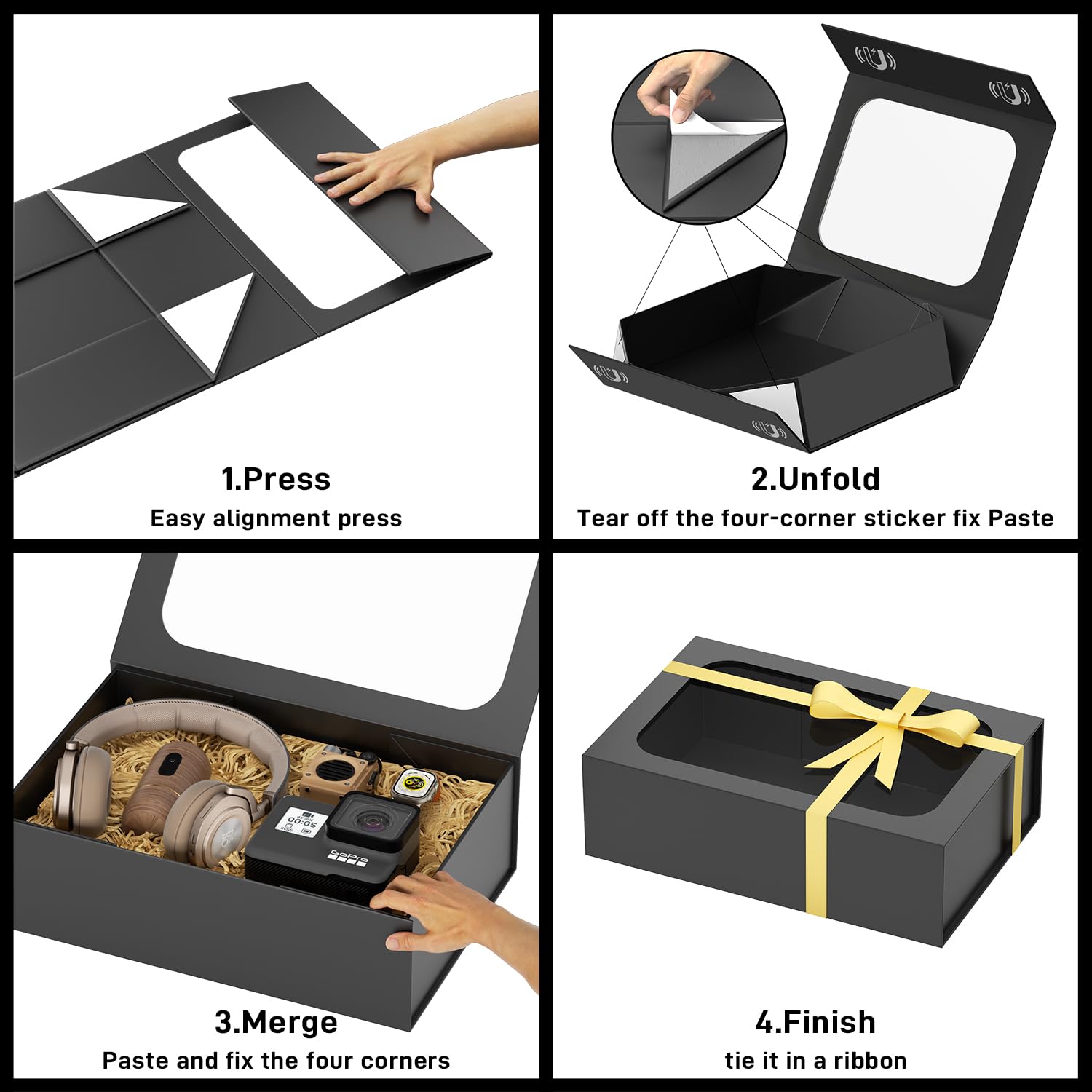 PSHVYM Large Gift Box with Window, 13.5x9x4.3 In Black Gift Box for Presents Magnetic Lids Collapsible for Groomsmen Proposal Box, Birthday, Graduation, Christmas, Contains Card, Ribbon
