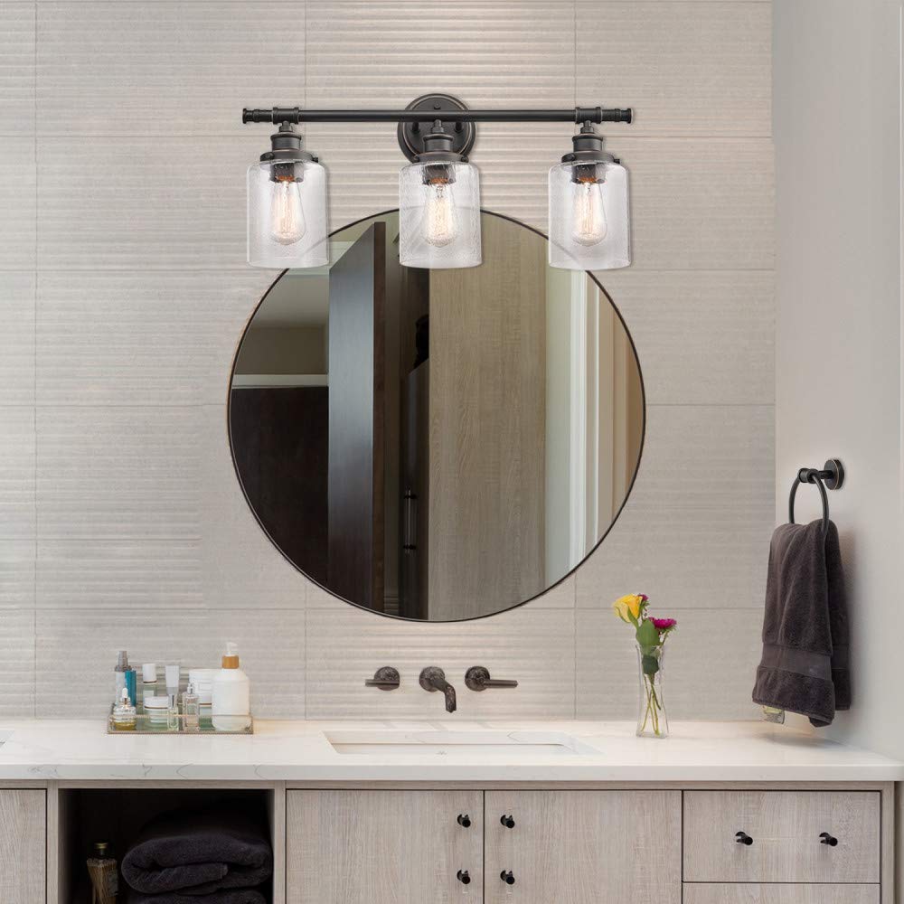 Globe Electric 51415 5-Piece All-in-One Bathroom Accessory Set, with Vanity, Bronze, 3-Light Vanity Light, Seeded Glass, Towel Bar, Towel Ring, Robe Hook, Toilet Paper Holder, Home Improvement