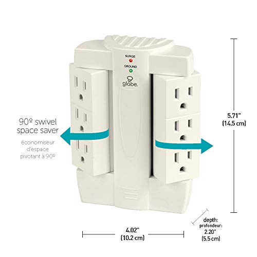 Globe Electric 7732001 6-Outlet Space Saver Swivel Surge Protector Wall Adapter Tap, Grounded Outlets, White Finish