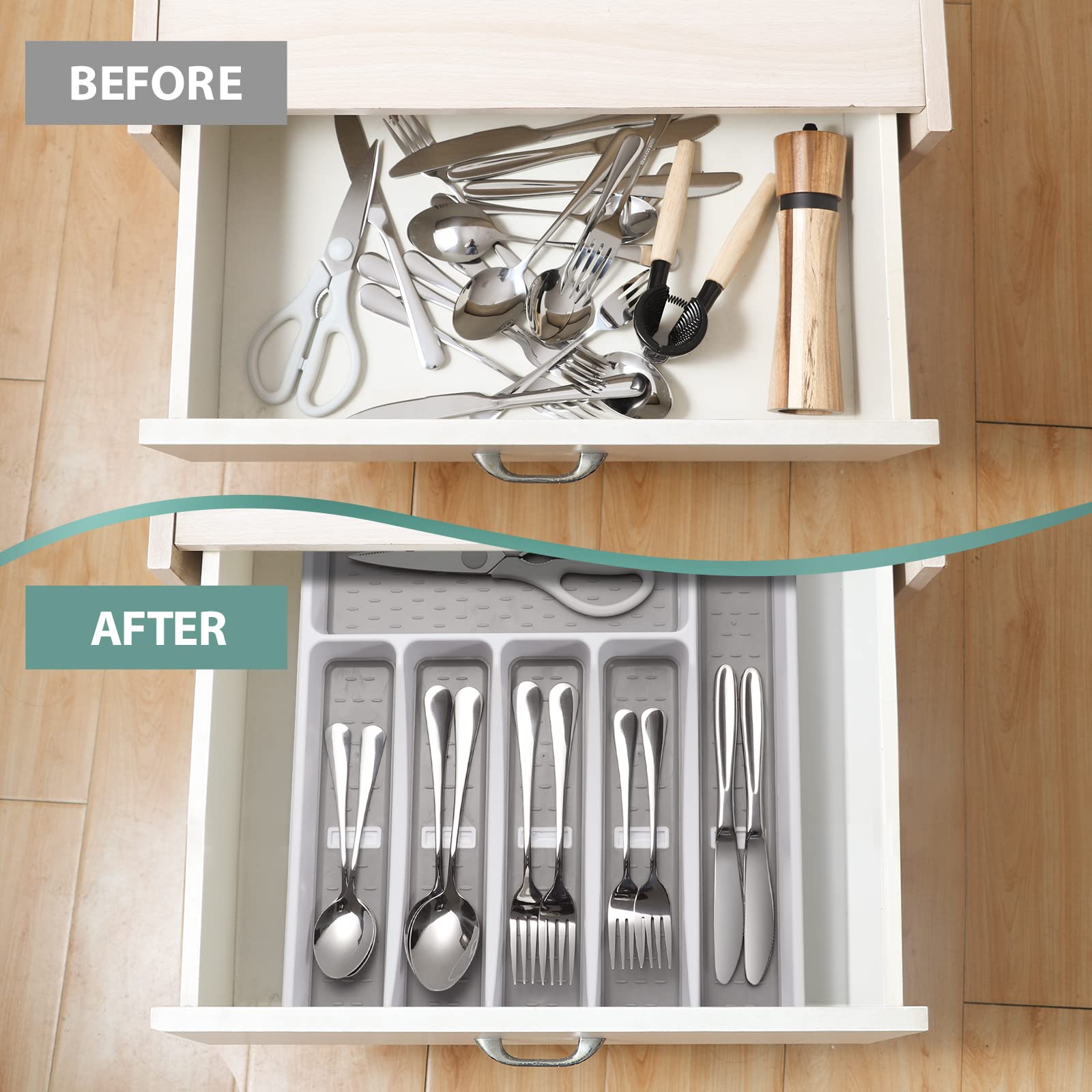 Joequality Silverware Organizer with Icons,Plastic Cutlery silverware Tray for Drawer,Utensil Tableware Flatware Organizer for Kitchen with Non-slip TPR,Fits Oversized Drawer,6-Compartment,Grey