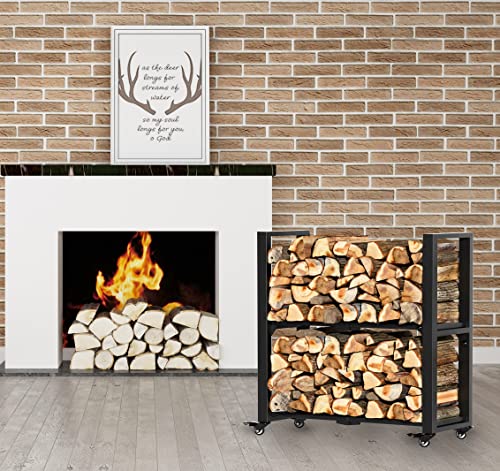 Luffioner 2 Tiers Rolling Firewood Rack,Foldable Firewood Log Storage Rack Holder with Wheels Fireside Log Rack for Indoor Fireplace or Outdoor,31"X25"x12"