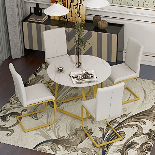 GLORHOME 4 5-Piece Round Set | Faux Marble Table | Four Chairs with Metal Legs | Versatile for Dining, Kitchen, and Living Room | White, White2