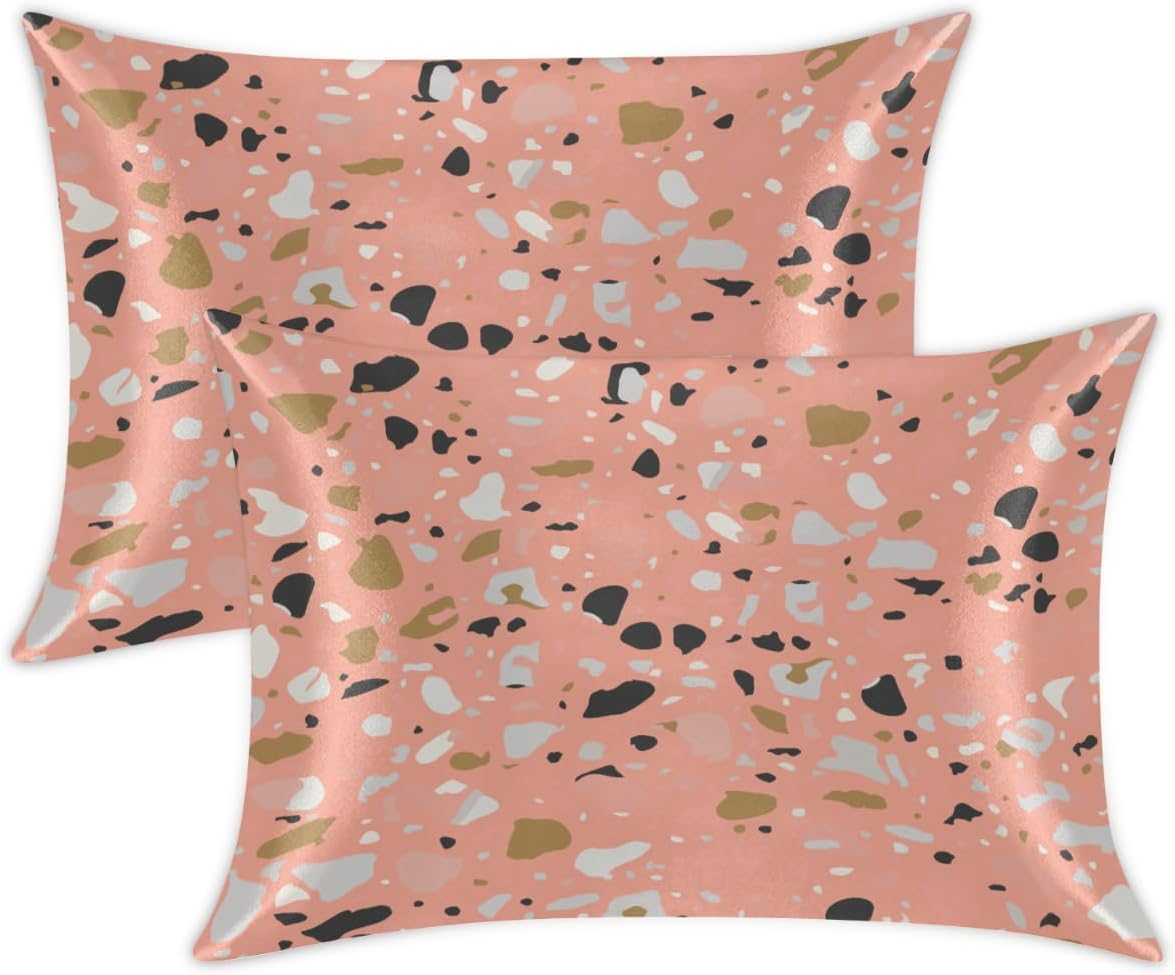 Pink Marble Texture Satin Pillow Cases Silk Satin Pillowcase for Hair and Skin Standard Set of 2 Super Soft Silk Pillowcase with Envelope Closure (20x26 in)