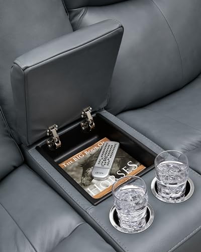 Signature Design by Ashley Mindanao Modern Leather Match Upholstered Power Reclining Loveseat with Console, USB Ports and Cup Holders, Gray
