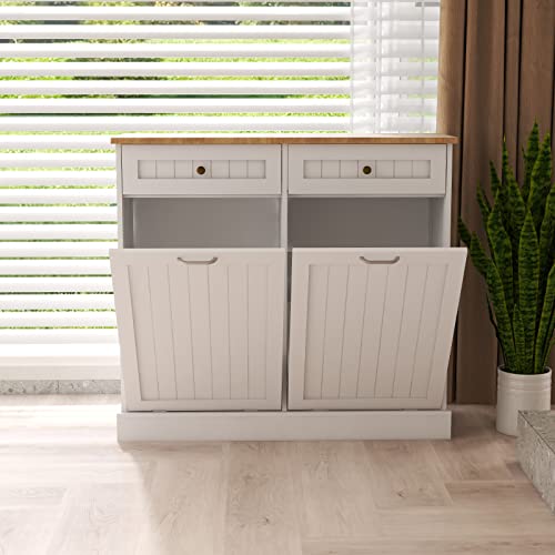 OQSC Double Tilt Out Trash Cabinet with 2 Drawers Wooden Free Standing Laundry Sorter Cabinet Kitchen Recycling Trash Can Bin Holder Cabinet with Storage (White)