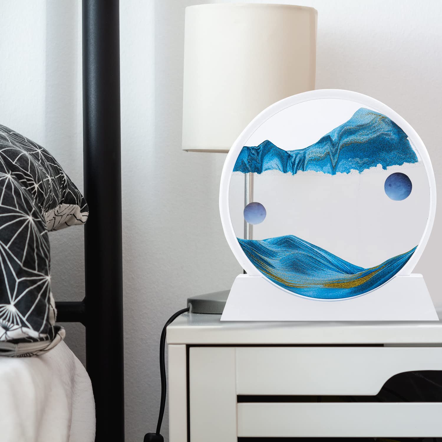 LENORAD Moving Sand Art Sandscape with 2 Moon Stickers, 3D Deep Sea Sand Art Round, Sand Picture in Motion for Home Decor and Office (7 inch, Black Blue)