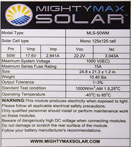 Mighty Max Battery 50 Watt Monocrystalline Solar Panel