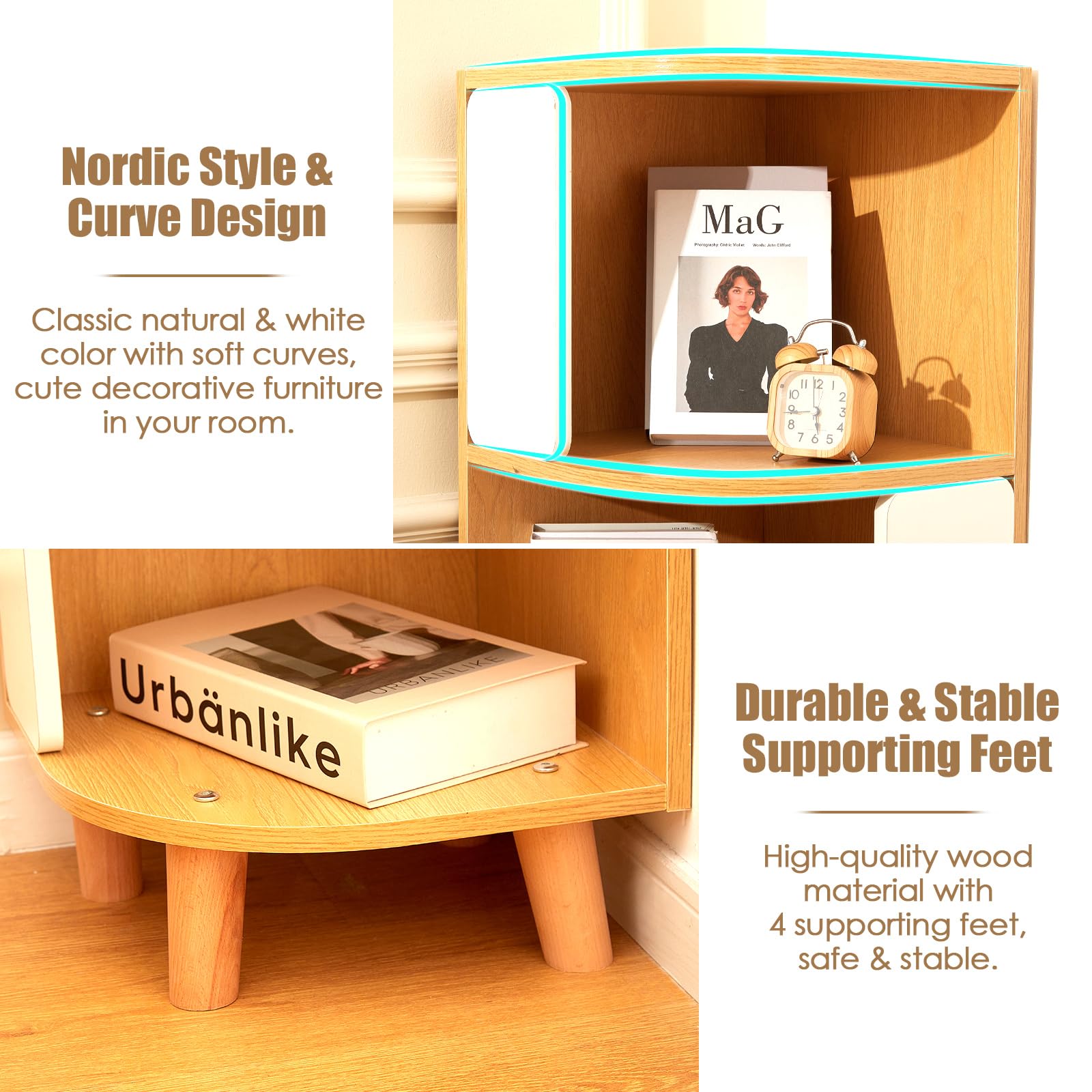 SELFLA 4-Tier Wood Corner Bookshelf, Nordic Style Modern Book Shelf, Tall Shelf & Thickened Wooden Layers, Sturdy Standing Bookcase for Living Room/Bedroom/Office, Easy to Assemble - Natural & White