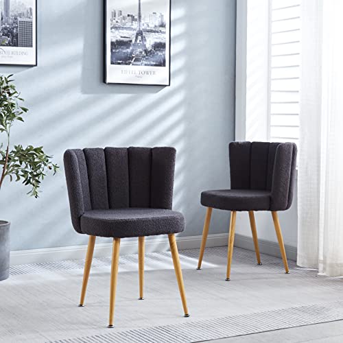 MIDLADE Grey Teddy Sherpa Upholstered Dining Chair Set of 4 Mid-Century Modern Accent Comfy Fluffy Side Chair with Comfortable Backrest for Living Room Bedroom Kitchen Makeup Vanity Chair