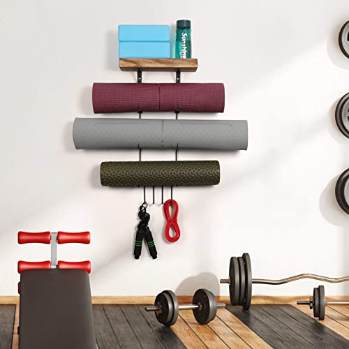 VINAEMO Yoga Mat Holder Accessories Wall Mount Organizer Storage Decor Foam Roller and Towel Storage Rack with 4 Hooks and Wooden Shelves Yoga Mats Rack Block Resistance Bands for Home Gym School