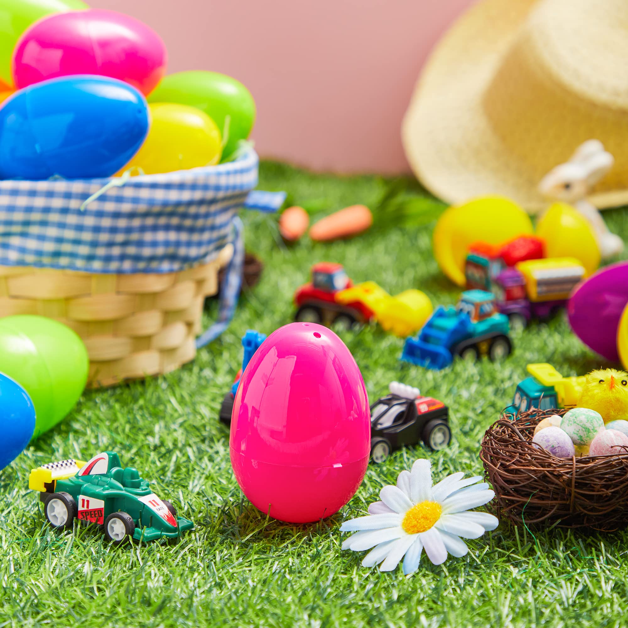 JOYIN 18 Pcs Pre-Filled Easter Eggs with Pull Back Cars for Boys, 3'' Easter Eggs with Construction Vehicles and Race Cars for Kids Easter Eggs Hunt, Easter Basket Stuffers, Easter Goodie Bag Fillers