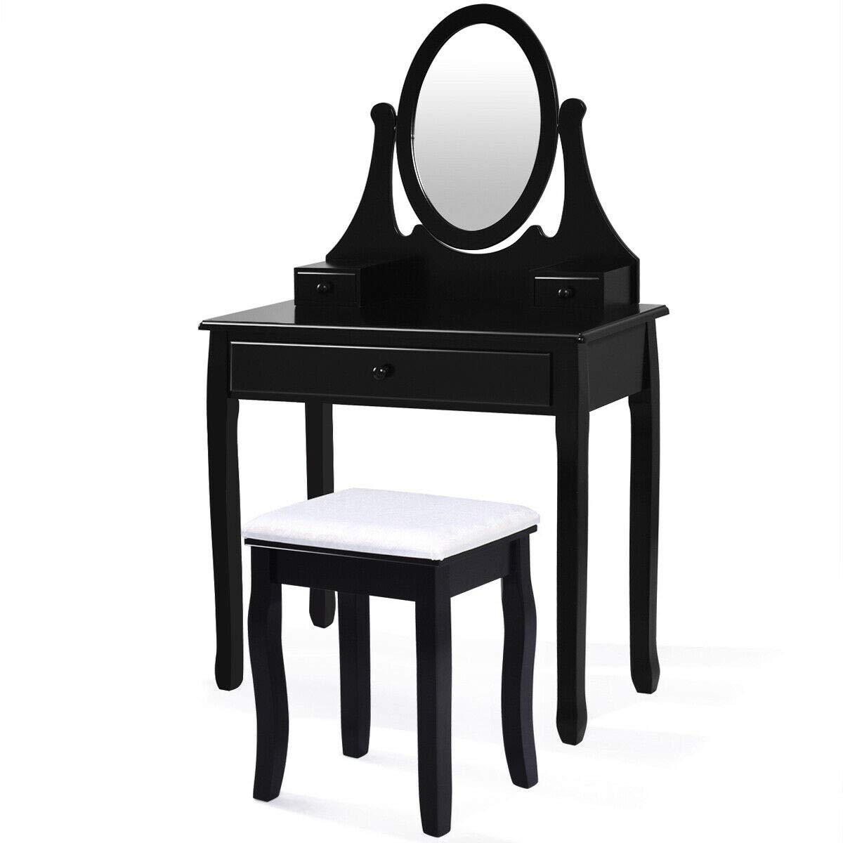 GOFLAME Vanity Dressing Table Set with Cushioned Stool & 360° Adjustable Mirror, Multifunction Makeup Dressing Table Writing Desk with 3 Drawers, for Home Office, Contemporary Vanity Tables (White)