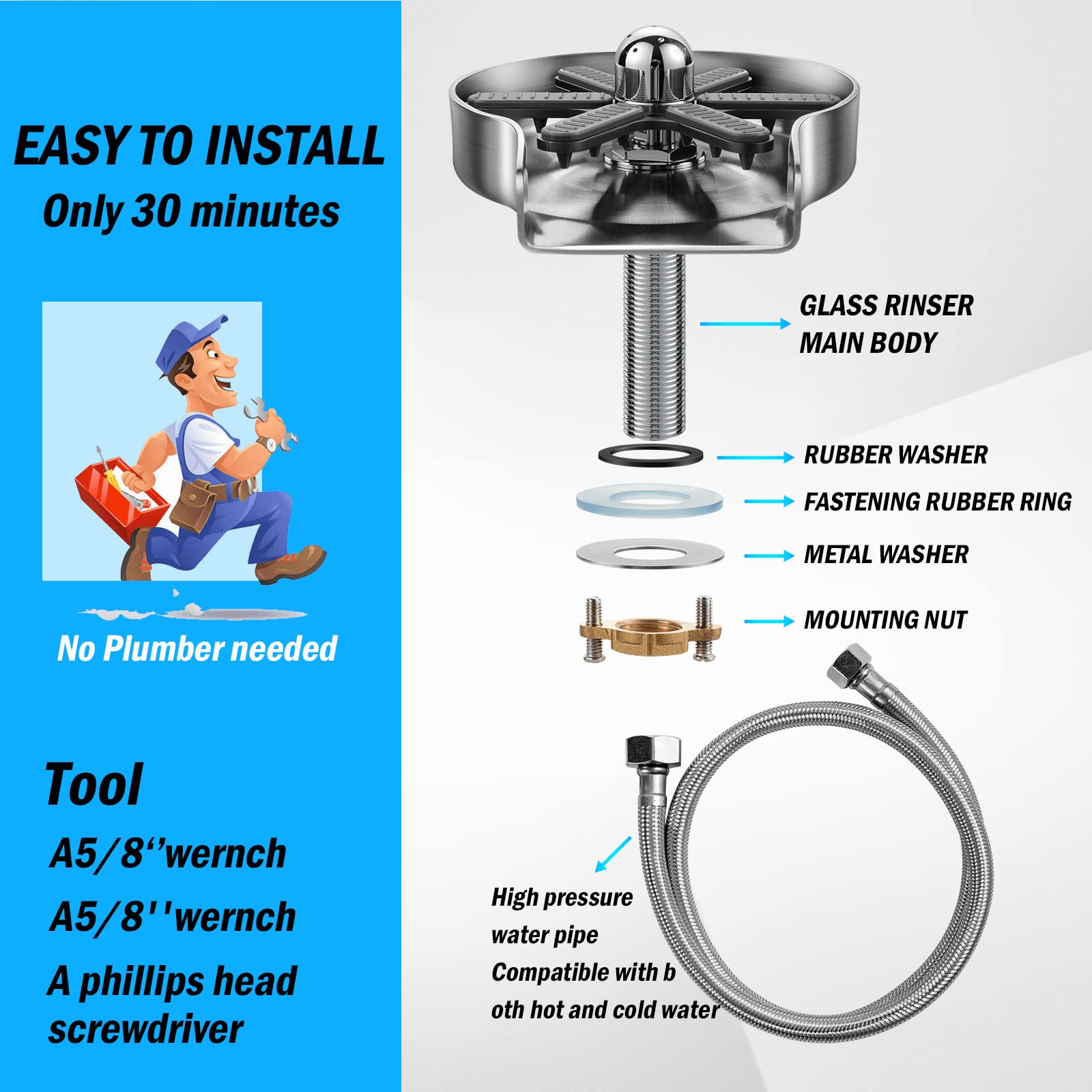 INKULEER latest design, Metal Glass rinser for kitchen sink, Glass rinser, Kitchen gadgets, Bottle washer, 18/8Stainless steel, Cup washer sink, The water column rotates 360°(Brushed)