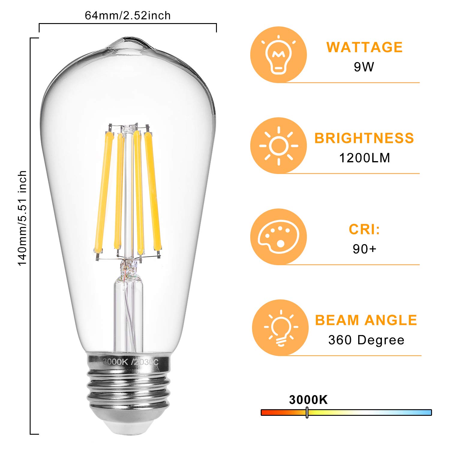 FANDBO LED Vintage Bulb 9W Dimmable LED Filament Light Bulb 75W-100W Incandescent Equivalent 1200LM ST64 Led Edison Bulb 3000K Soft White 90+ CRI E26 Medium Base Clear Glass for Home, Office, 4 Pack