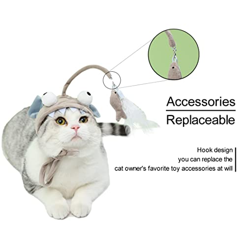 YIDUHONG Head Mounted Cat Headgear Interactive Self-Service Adjustable Size Cat hat Feather Toy,Kawaii Design,Grey Bigeye Fish
