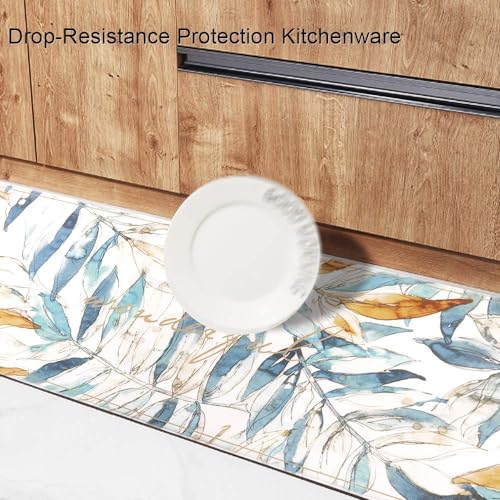 Kitchen Rug Set, LEEVAN Kitchen Floor Mats 2 Piece PVC Leather Anti Fatigue Comfort Heavy Duty Waterproof Oil Proof Non-Skid Rubber Back Washable Doormat Bathroom Area Rug(17" X 29"+17" X 59", Leaves)