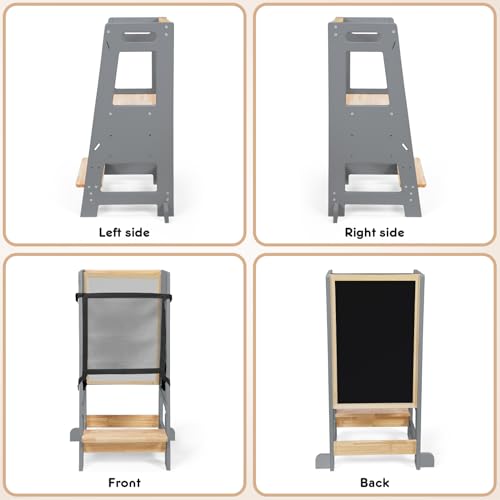 HARPPA Toddler Kitchen Stools Helper with Adjustable Height and Anti-Slip Protection, Kids Standing Tower with Safety Rail, Toddlers Step Stool with Learning Chalkboard Gray