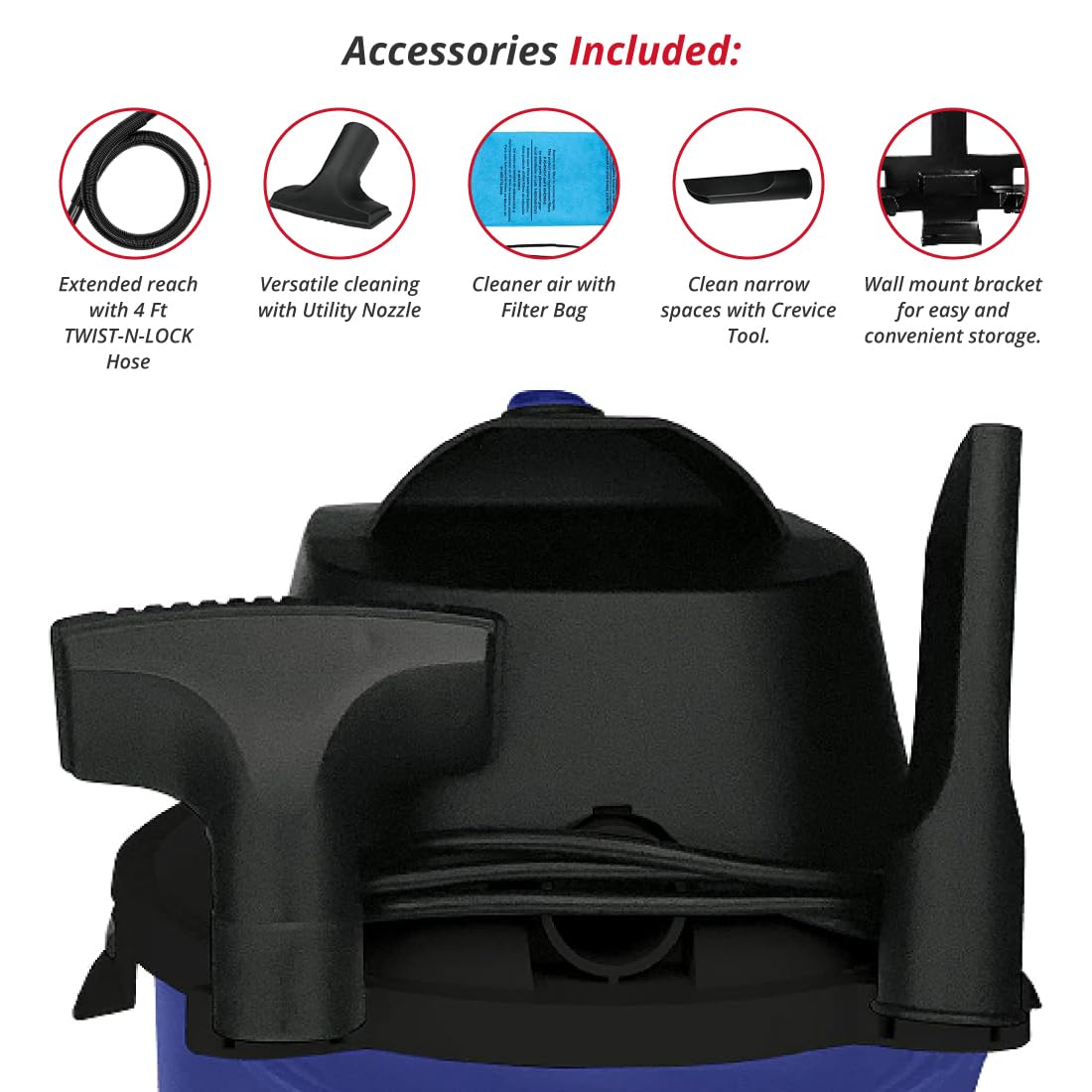 Koblenz WD-2.5 L Portable Wet/Dry, 2.5 Gallon 2.5HP Wall Mountable Vacuum, Blue+Black, 5 Year Warranty