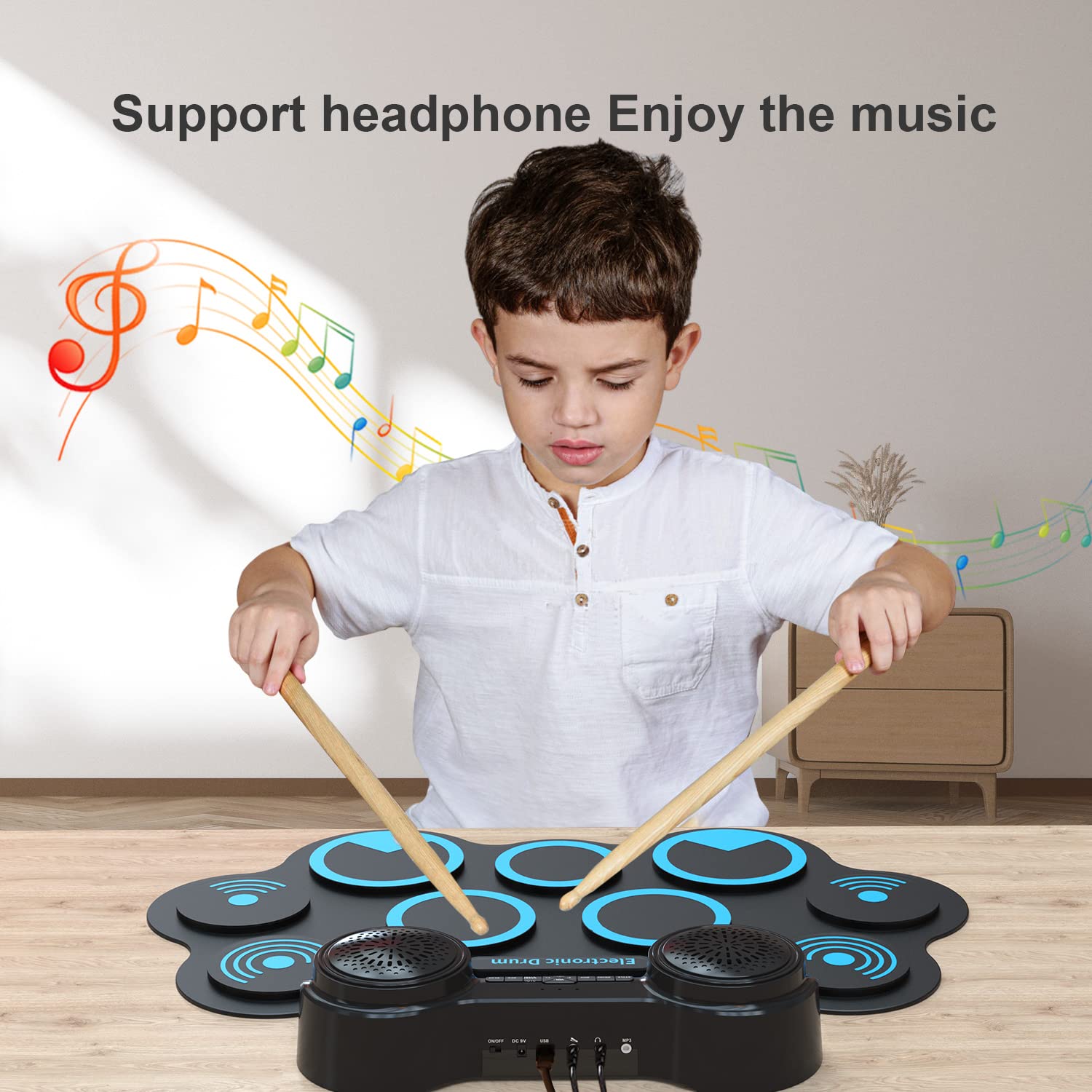 KONIX Electronic Drum Set, Large Size 9 Pads Electric Drum Set, Roll Up Beginner Drum Kit with Headphone Jack Dual Speaker, Midi Drum Pedals Sticks, Kids Birthday Christmas Gift