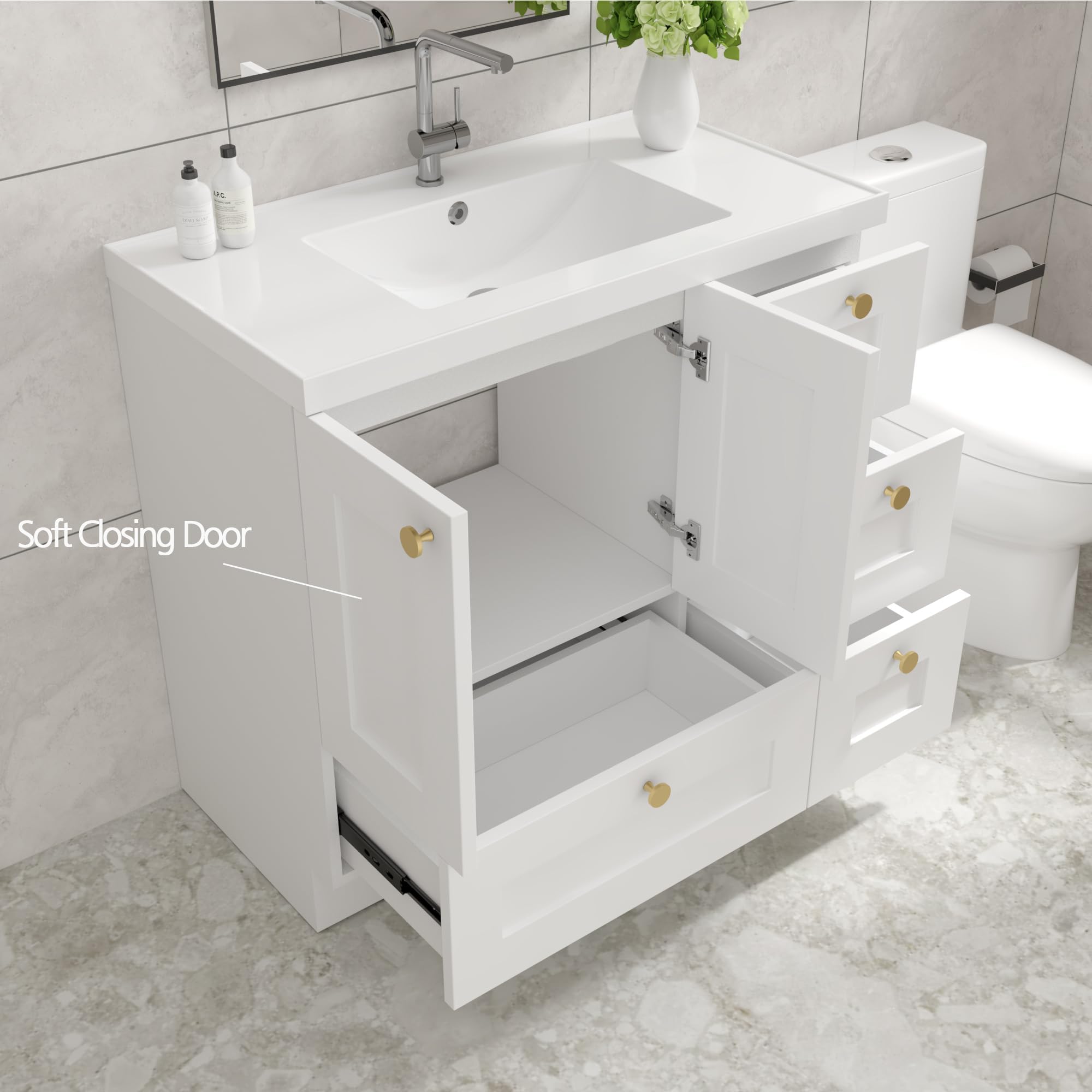 JPND White Shaker Style 36" Bathroom Vanity with Sink Top, Wooden Double Door Bathroom Storage Vanity with Soft-Close Door and 4 Drawers (Faucet and Knobs Not Included)