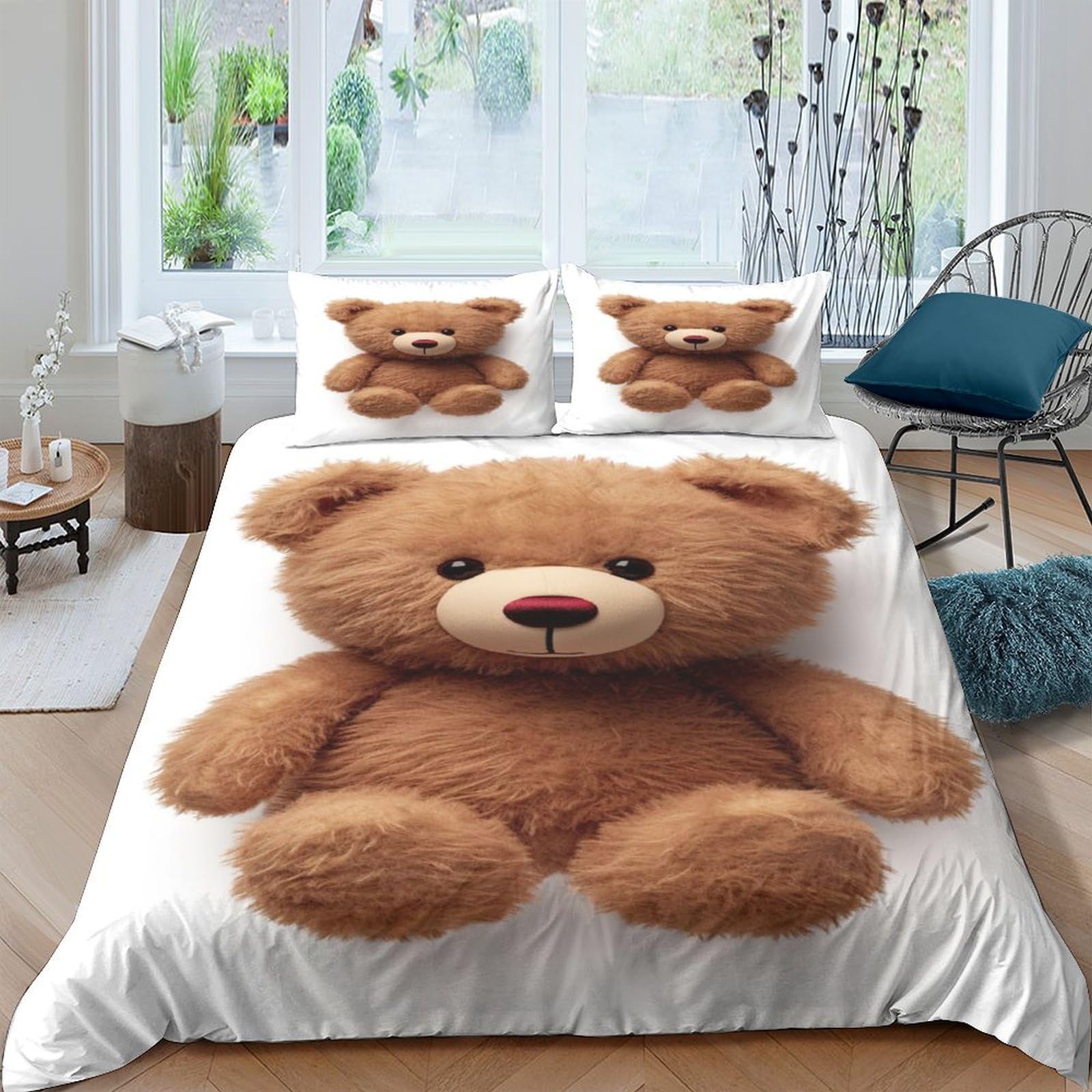 Teddy Bear Toy 3pcs 3D Bedding Set Furry Doll Duvet Cover Set Bed Printed Quilt Cover Bed Linens with 2 Pillowcases with Zipper All Season Queen(228x228cm)