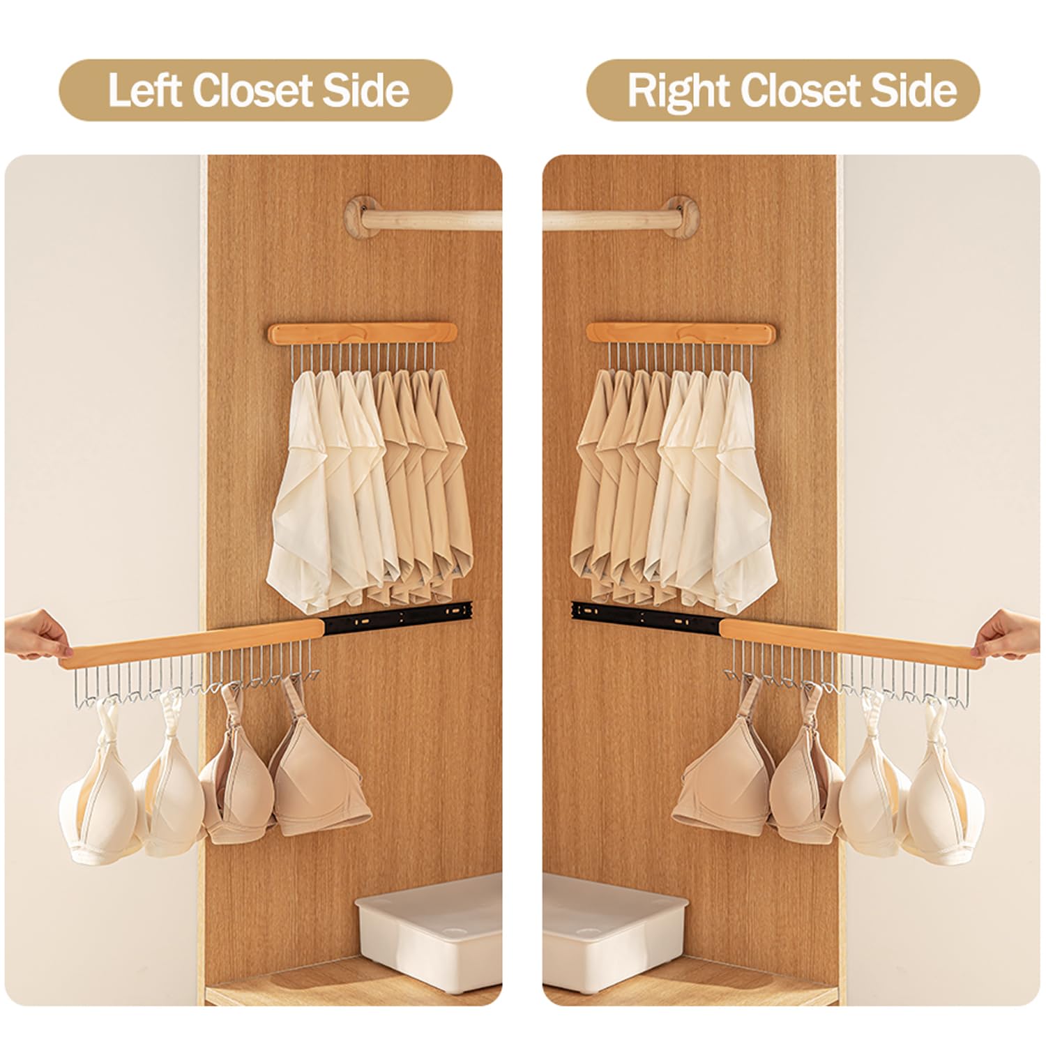 Pull Out Belt Rack for Closet, Sliding Hooks Hanger Rack for Bras Ties Tank Top Scarf Jewelry, Space Saving Organizr for Wardrobe Cabinet, Left Side 8 Hooks Rail, 2 Pcs