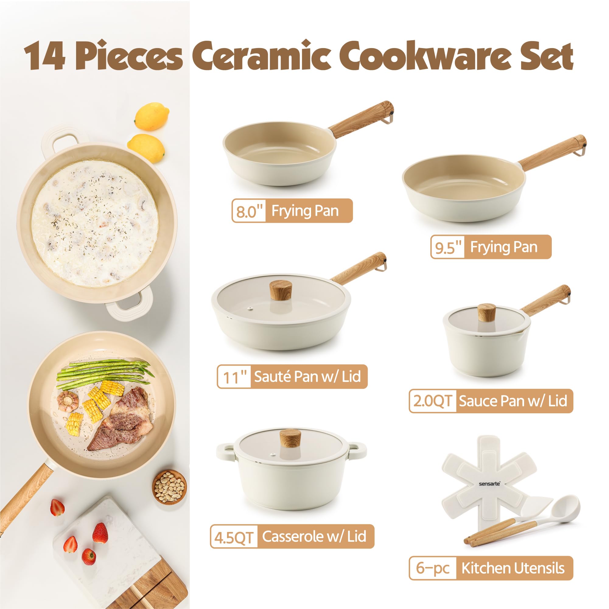 SENSARTE PASCA Ceramic Nonstick Pots and Pans Set 14pcs, Healthy Cookware Set, Non-toxic Induction Kitchen Cooking Set, Dishwasher & Oven Safe, PFAS/PTFE/PFOA Free