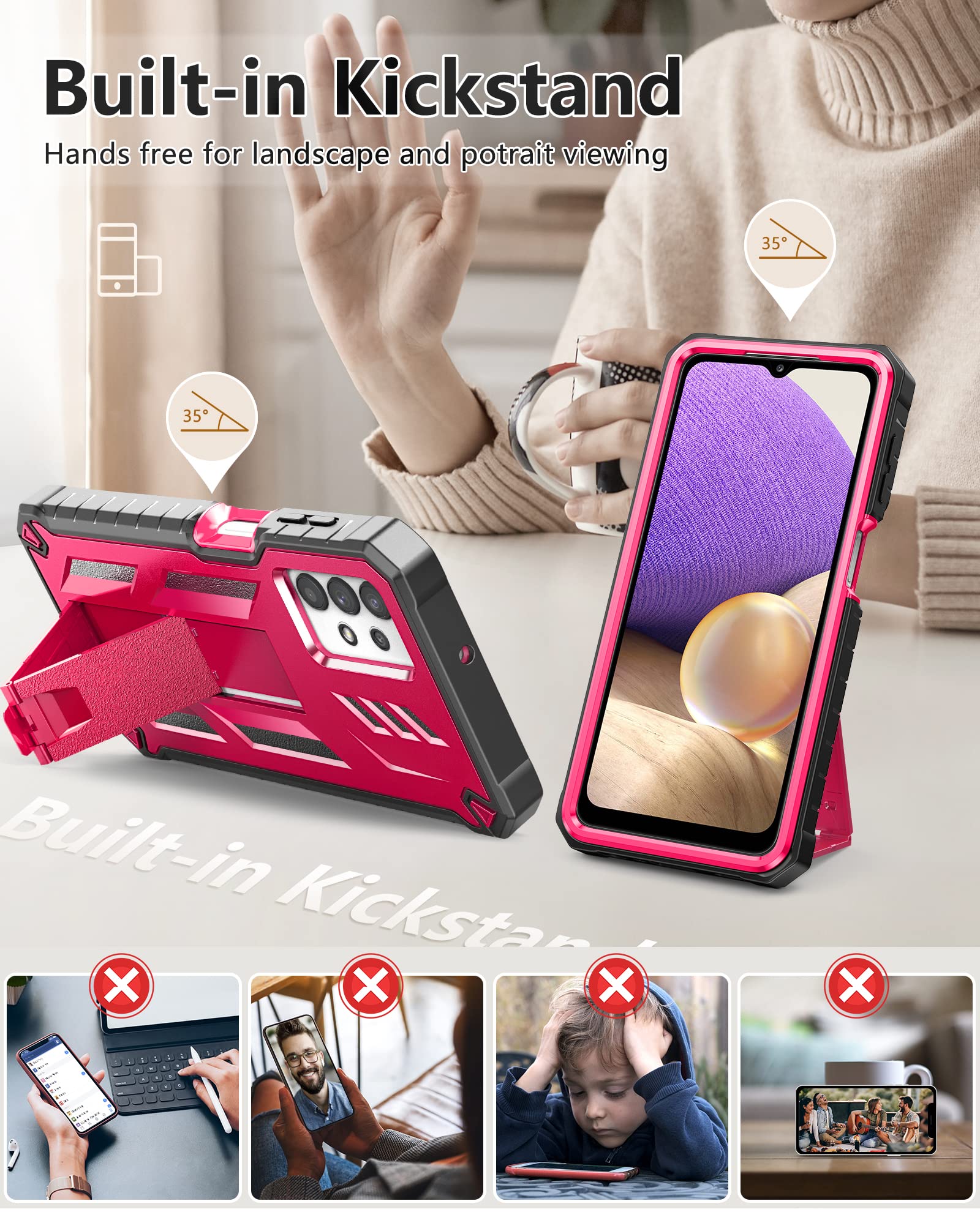 for Samsung Galaxy A32-5G Case: TPU Soft Shock Proof Protection | Hard Armor Design Shell - Heavy Duty Military Grade Durable Rugged Cell Phone Protective Cover with Kickstand for A32 5G Rose Red