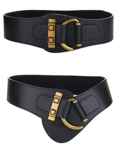 Toptim Womens Elastic Waist Belt Vintage Leather Wide Waistband (Waist 25-35", Black)