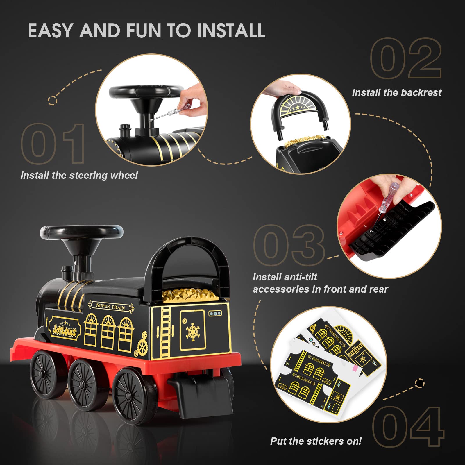 JOYLDIAS Toddler Ride On Train, Push Cars for Toddlers with Led Lights, Train Horns and Storage, Black (Non-Electric Version)