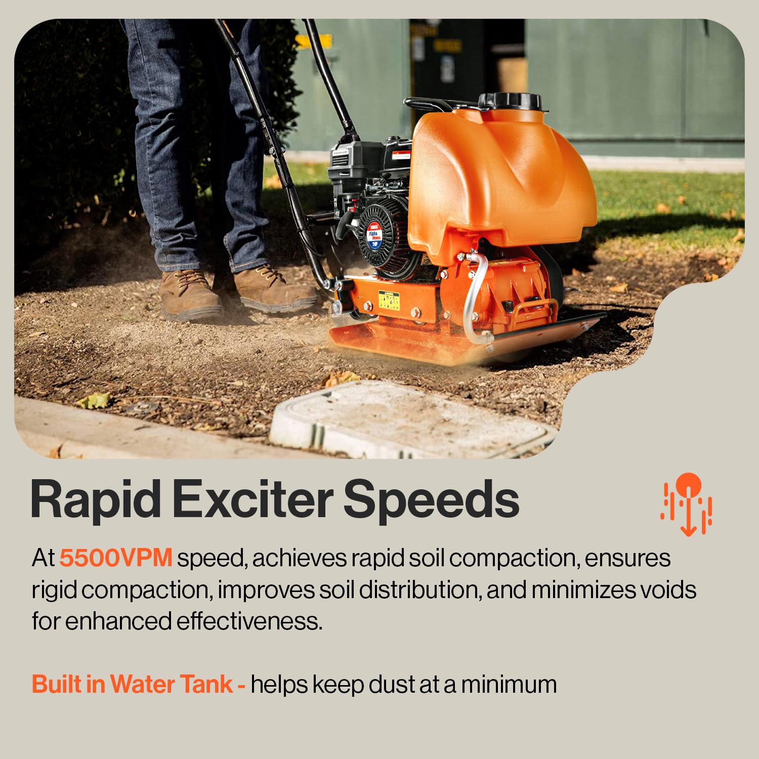 SuperHandy Plate Compactor with Water Tank - Enhanced for Dirt & Asphalt, 7HP 4-Stroke Engine, 5500VPM, 4200lbs Impact, 20x15 Inch Base
