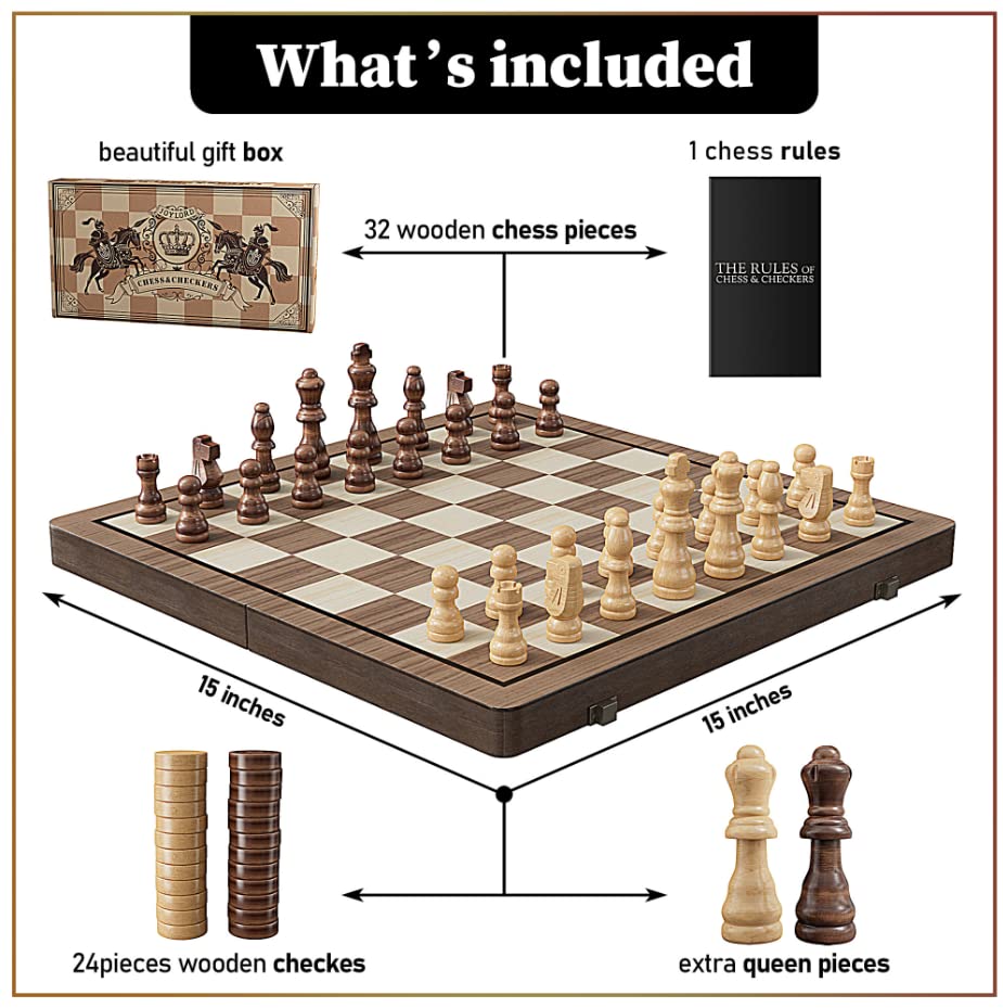 Joylord Wooden Chess and Checkers Game Set - 15" Magnetic Checkers and Chess Set - Felt Bottom, Inlaid Wood, Handcrafted Pieces, Veneer Inlay - Folding Chessboard, 2 Extra Queens