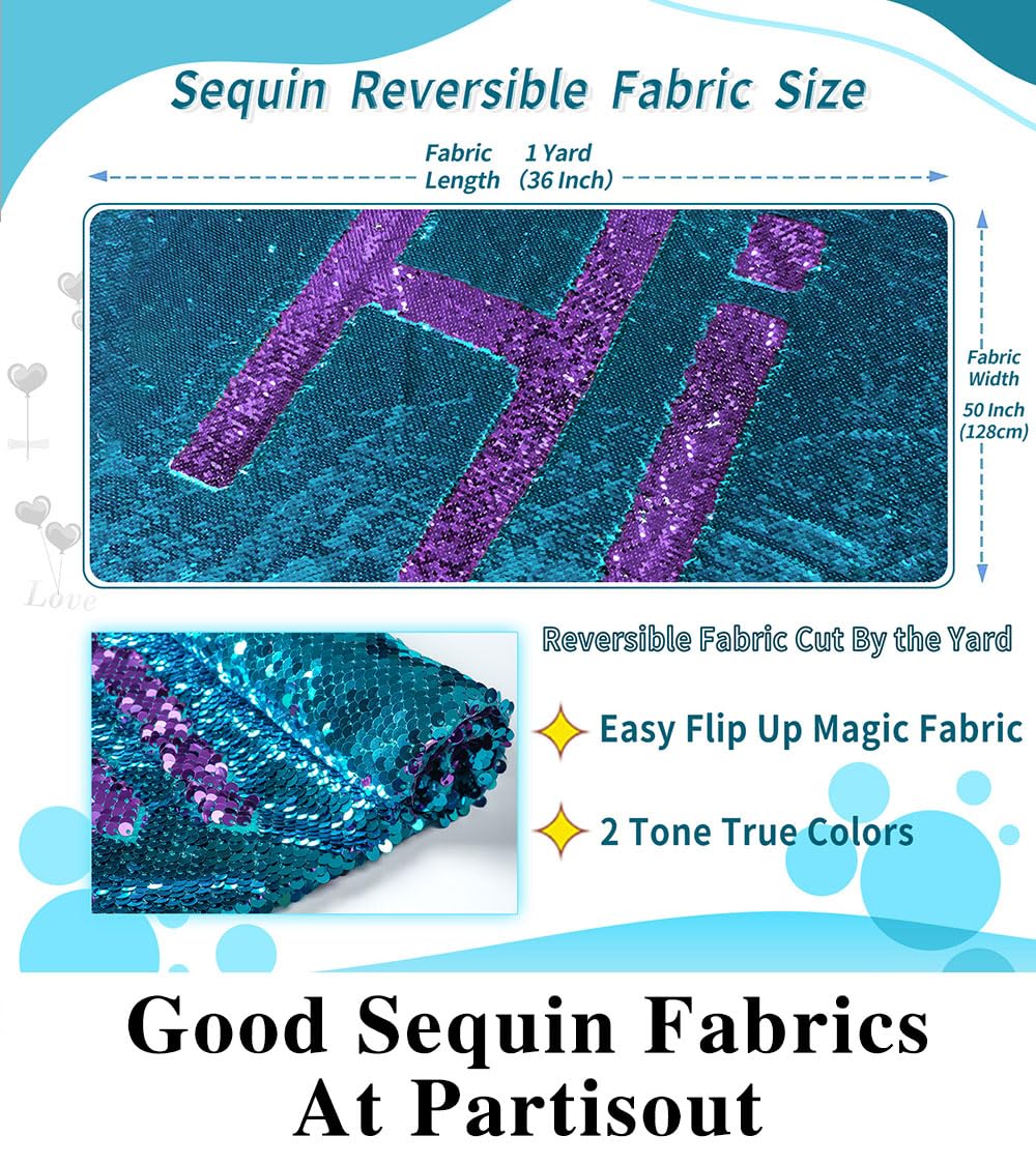 Partisout Sequin Fabric Mermaid Fabric 5mm Two Tone Sparkly Material by The Yard Mesh Reversible Sequence Cloth for Dress Wedding DIY (Turquoise to Purple)