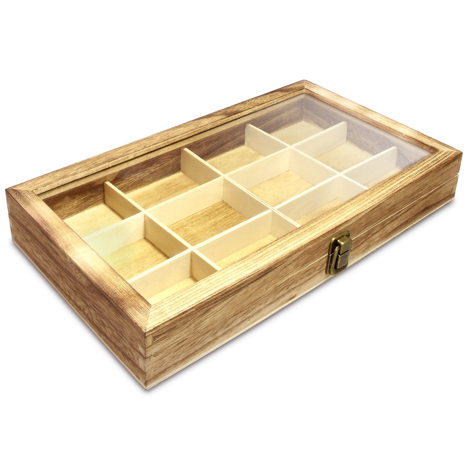 Ikee Design Elegant Wooden Jewelry Storage Tray Box with Glass Lid,12 Compartments Jewelry Tray Organizer, Ideal for Rings,Bracelets,Gems Stone and Small Accessories, Oak Color