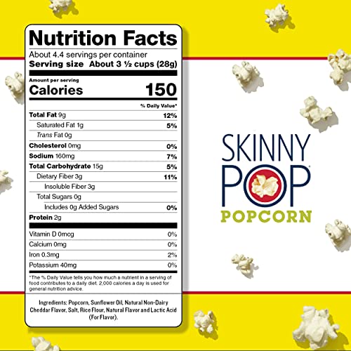 SkinnyPop White Cheddar Popcorn, Skinny Pop, Healthy Popcorn Snacks, Halloween Snacks for Kids, Gluten Free, 4.4oz Grocery Sized Bag